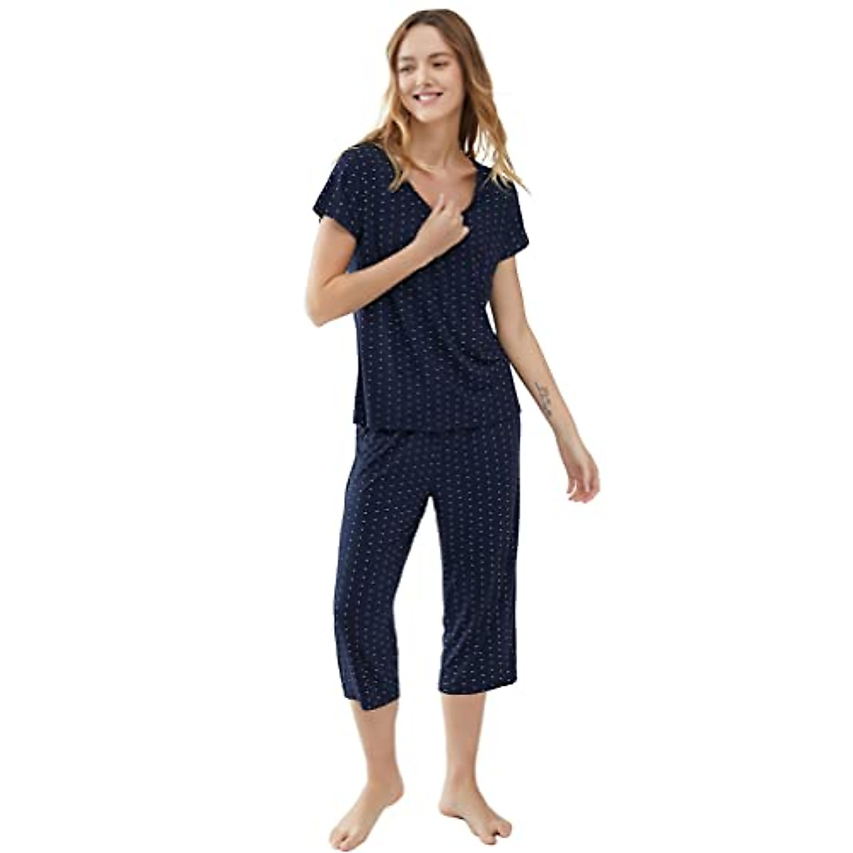 Joyaria Ladies Bamboo Pajamas Summer Cooling Ultra Soft Short Sleeve Capri PJs Set Sleepwear Petite (Navy Polka Dot, Small)