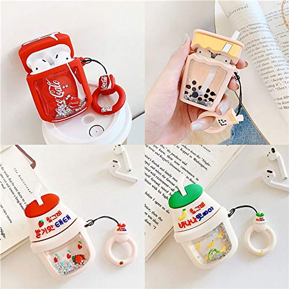 Rertnocnf Compatible with Earbuds Case Airpods 1 & 2, Creative 3D Quickstand Moving Bling Glitter Pearl Milk Tea Cup Cute Soft Silicone Protective Wireless Earphone Charging Case Decoration