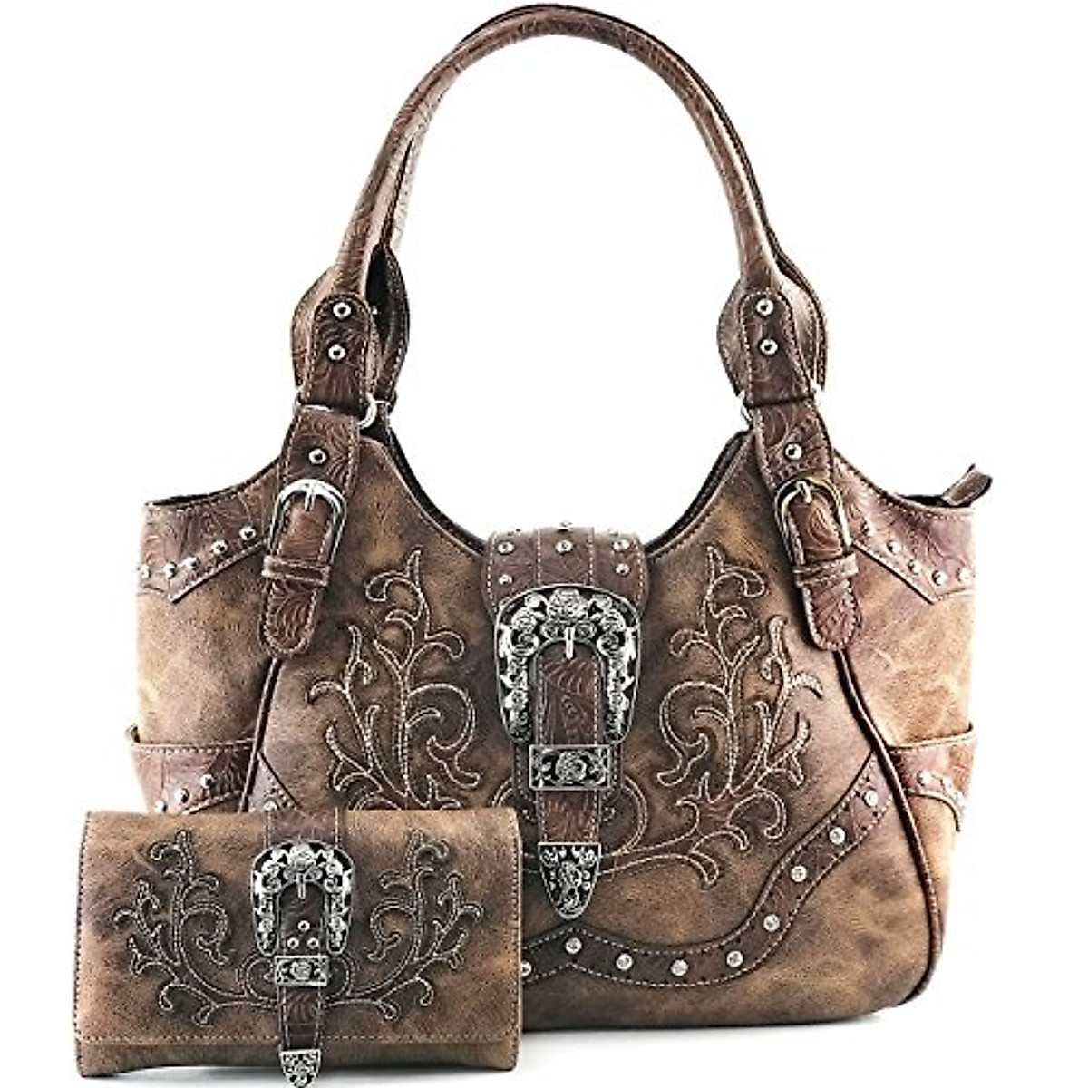 Justin West Western Studded Rhinestone Buckle Laser Cut Studded Shoulder Tote Handbag Purse Wristlet Wallet (Brown Purse and Wallet Set)