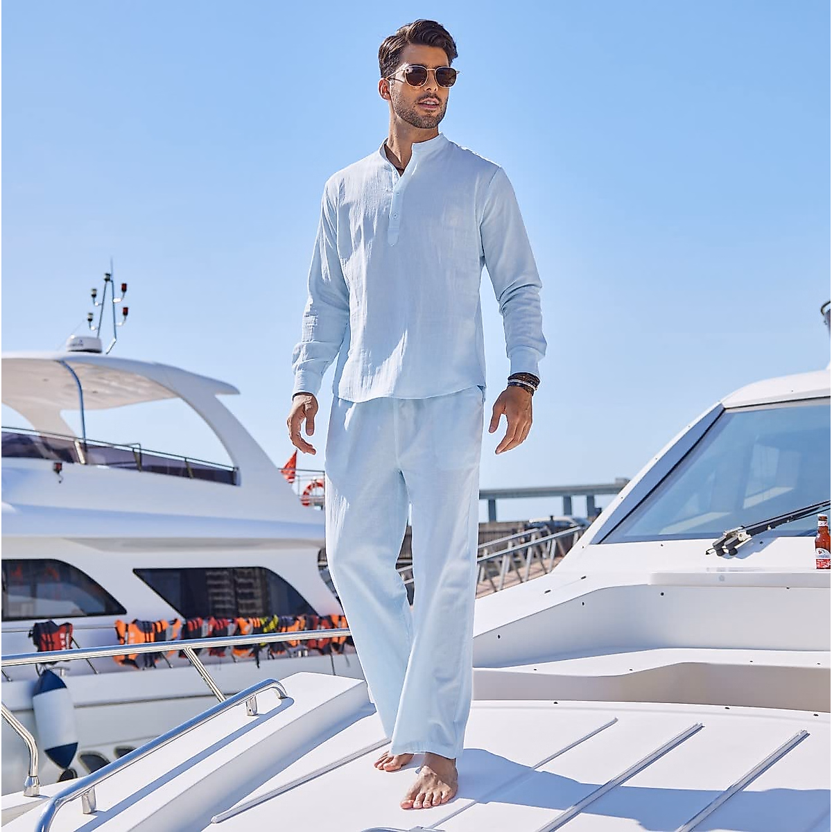 COOFANDY Men's 2 Pieces Cotton Linen Set Long Sleeve Henley Shirts Casual Beach Pants With Pockets Summer Yoga Outfits