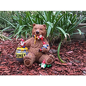 GlitZGlam Miniature Bear and Gnomes with Honey - A Garden Gnome Statue for Your Fairy Garden