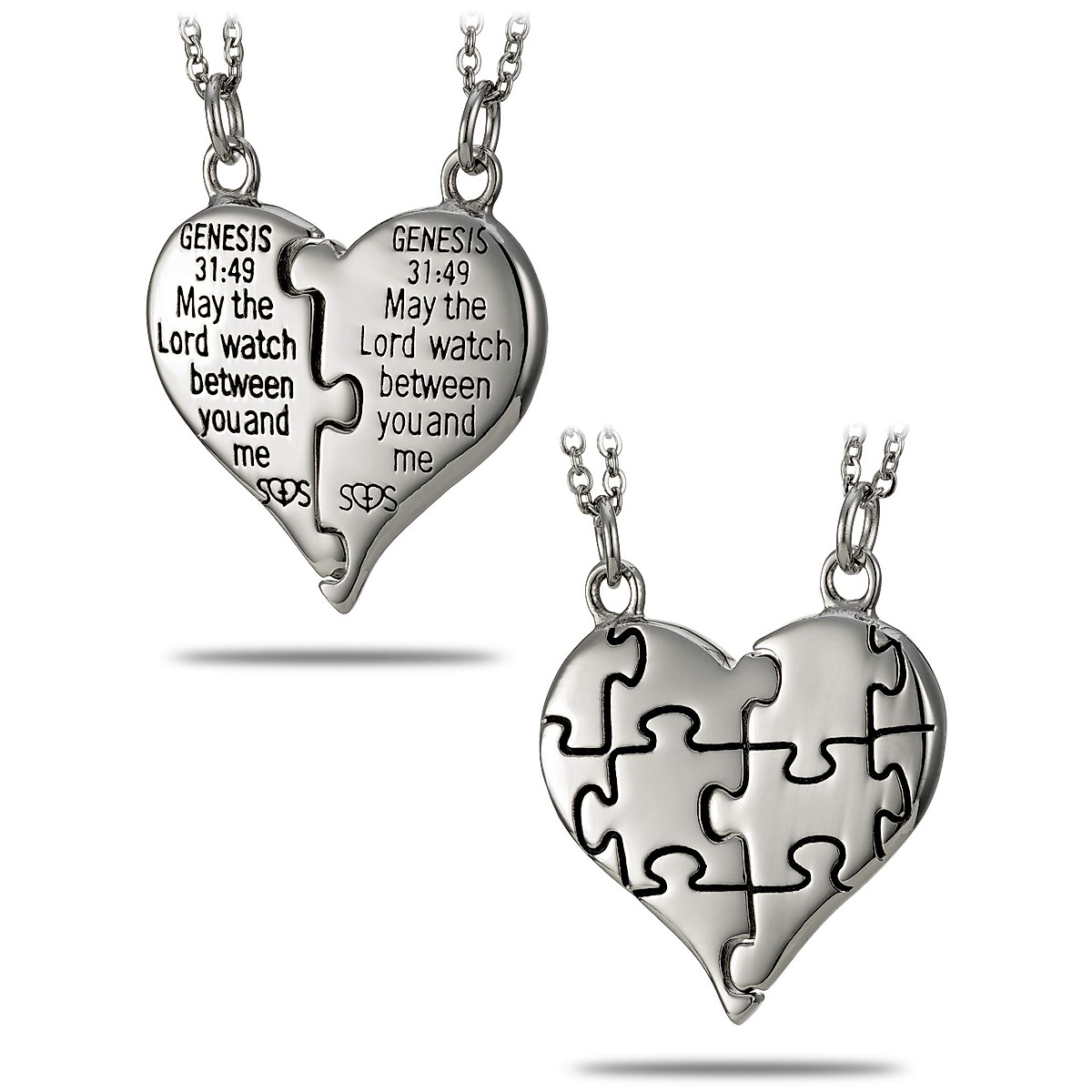 Stainless Steel Puzzle Piece Split Heart Necklace-Genesis 31:49