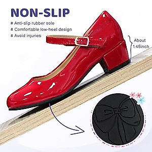 LseLom Girls Dress Shoes Mary Jane Shoes for Girls Low Heel Princess Hook and Loop Dance Shoes Party Wedding Flats for Big Girls Red Big Kid 2