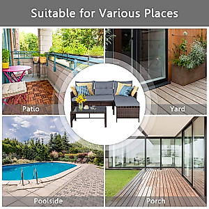 RELAX4LIFE 3-Piece Patio Furniture Set, Outdoor Wicker Sectional Sofa Set w/Washable Cushion, Tempered Glass Coffee Table, Rattan Conversation Set Outdoor Couch for Garden Backyard Deck (Grey)