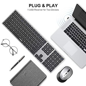Wireless Keyboard and Mouse Combo, WisFox 2.4G Full-Size Slim Thin Wireless Keyboard Mouse for Windows, Computer, Desktop, PC, Laptop Mac (Silver and Gray)