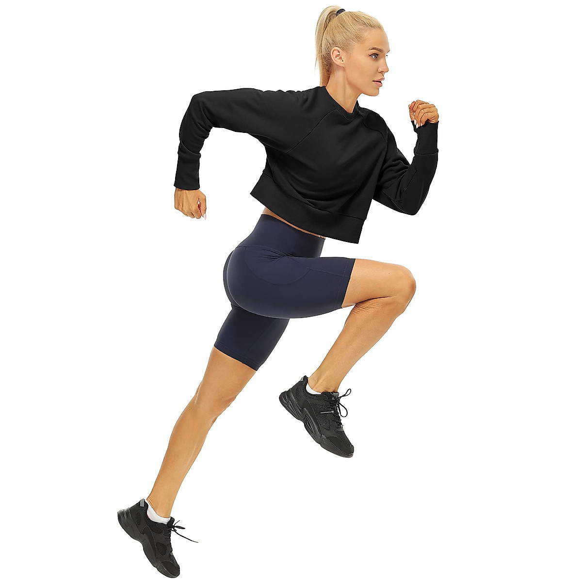 icyzone Cropped Crewneck Sweatshirt for Women, Casual Long Sleeve Pullover Tops for Spring Fall Winter (Medium, Black)