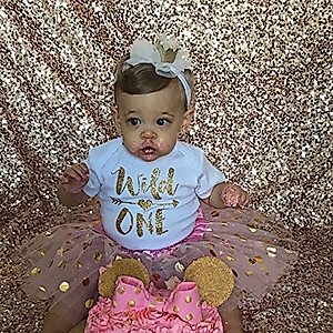 Olive Loves Apple Wild One Gold Glitter Girls 1st Birthday Bodysuit,Gold,6-12 months short sleeve