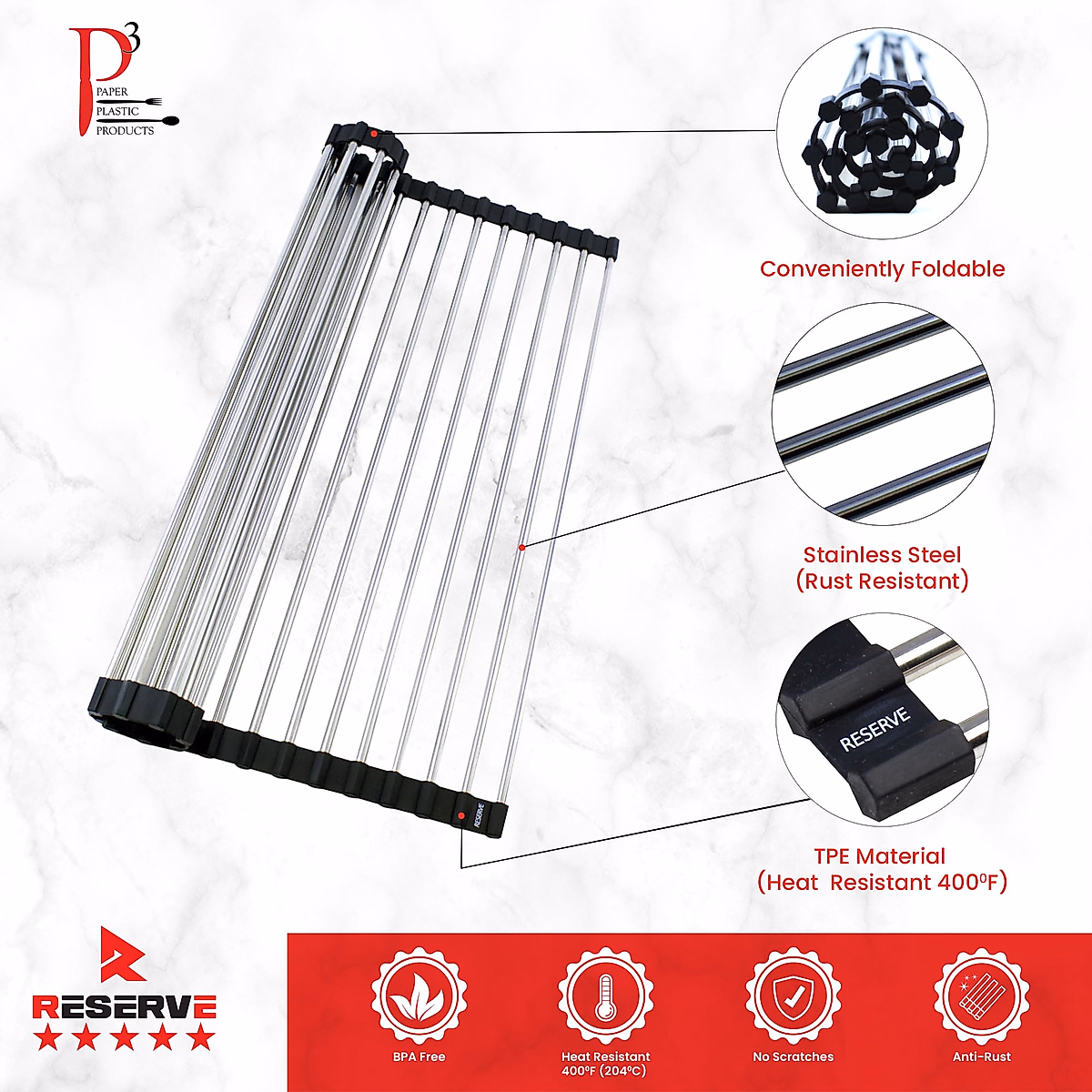 R RESERVE Upgraded, Roll up Dish Drying Over The Sink Rack Mat with Stainless Steel Wires, Rollable, Large, Black/Silver, (15.5" x 23")