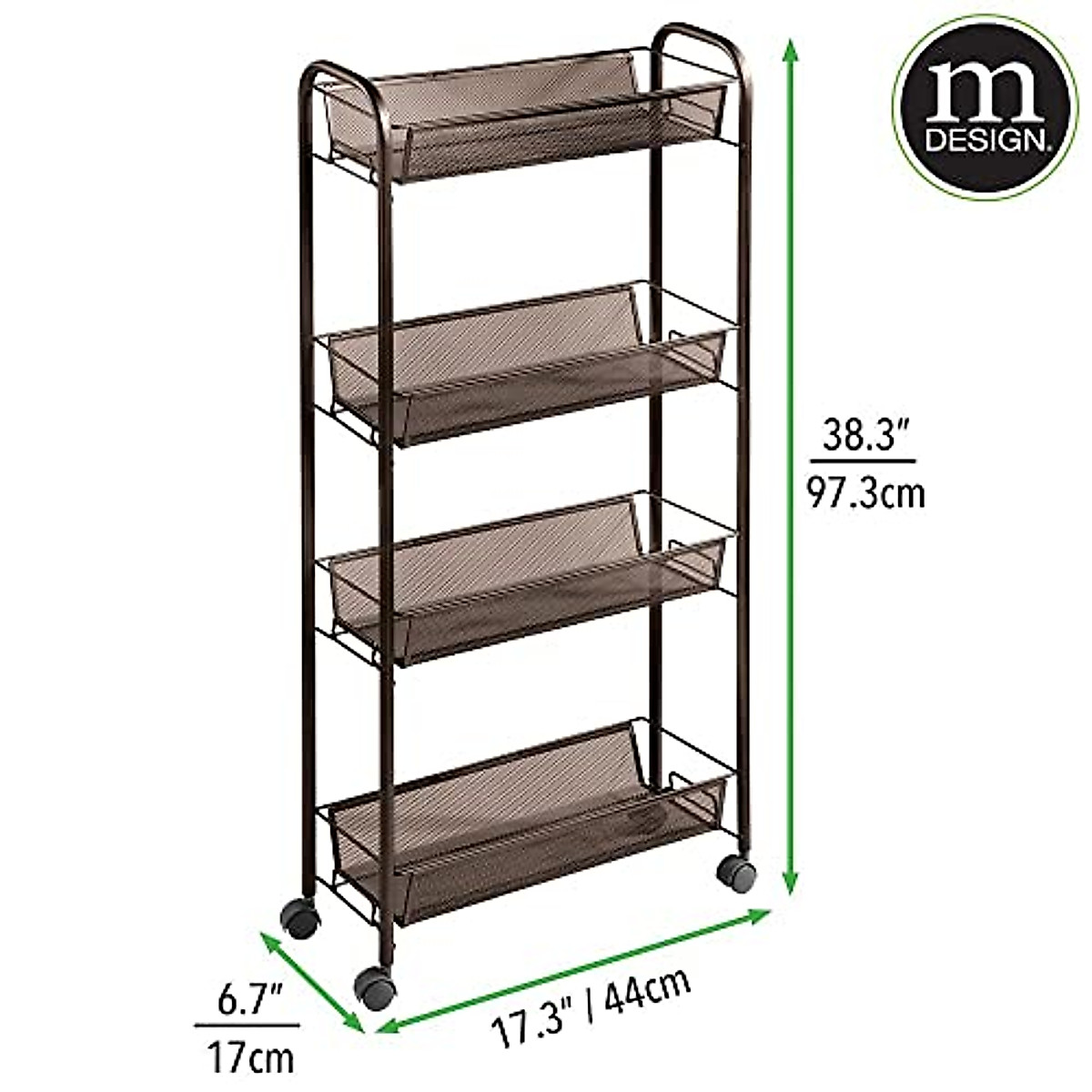 mDesign Slim Steel Metal Rolling Utility Cart Storage Organizer Trolley with 4 Basket Shelves for Laundry Room, Kitchen, Bathroom Organization - Narrow Holder for Detergent - Biro Collection, Bronze