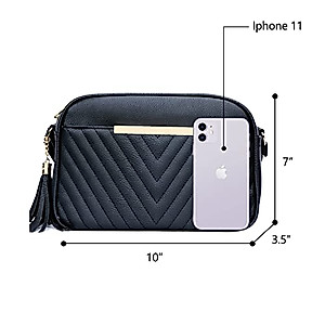 KKXIU Quilted Double Compartment Multiple Pocket Crossbody Bag for Women and Teen Girls Stylish Shoulder Purse with Tassel (c-black)