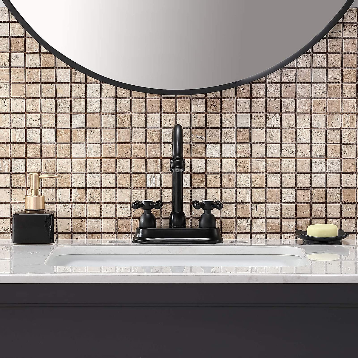 UFaucet 4 Inch Centerset Matte Black Bathroom Faucet, 2 Cross Handle 3 Hole RV Camper Bathroom Sink Faucet, 360° Swivel Spout Stainless Steel Lavatory Basin Bath Vanity Without Accessories Only Faucet