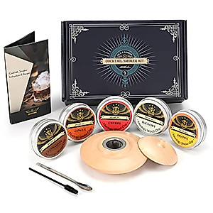 Cocktail Smoker Kit Old Fashioned Smoker for Whiskey & Bourbon Five Types of Wood Chips Orange/Cinnamon/Ginger/Cherry/Hickory Gifts for Men