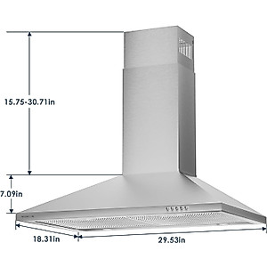 SOONYE 450 CFM 30 inch Range Hood, Stainless Steel Wall Mount Vent Hood, Convertible to Ductless/Ducted with LED Lights, 3 Speed Exhaust Fan