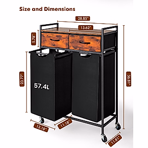 Laundry Basket with 2 Large Drawers - Compartment Laundry Hamper, 2 Removable Sections Laundry Bags Made of Oxford Fabric, Particleboard Shelf and Metal Frame, Oversize