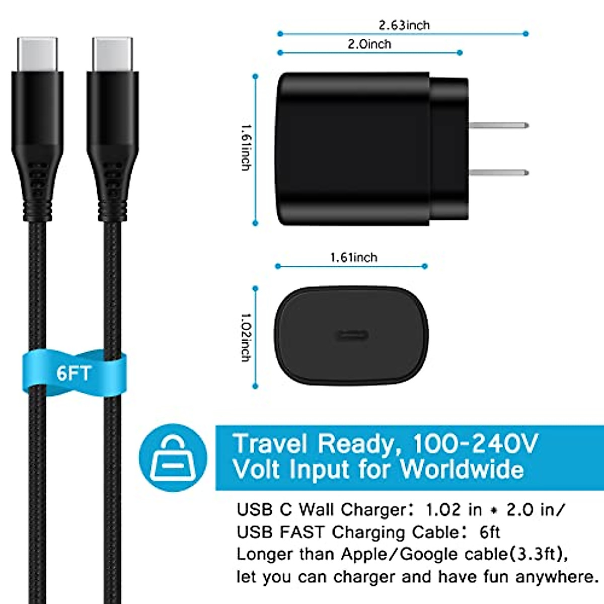 S23 25W Samsung USB-C Super Fast Charging Android Phone Charger Block Box with 6ft Type-C to C Cable for Samsung Galaxy S22/S21/S23 Ultra 5G, A14/A04/A13/A03/A53/A33/A73/A52 5G,Z Flip 4/Z Fold 4,A10E