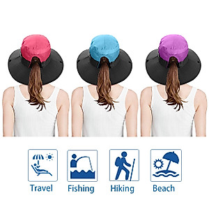 3 Pieces Womens Ponytail Wide Brim Sun Hat Packable UV Protection Beach Cap for Fishing & Hiking (Purple＆Watermelon Red＆Sky Blue)