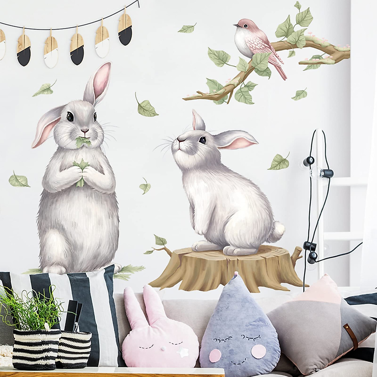 NOA 2 Cute Rabbit Wall Stickers with Bird On The Branches Decals, Removable Cartoon Animal Bunny 3D Vinyl Wallpaper Decor, DIY Art Mural for Nursery Baby Bedroom Living Room