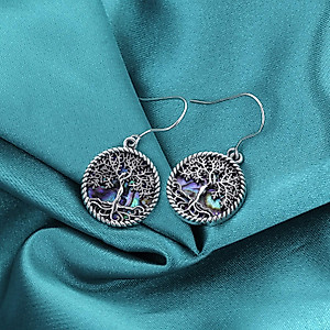 Odinstone Sterling Silver Tree of Life Earrings for Women Family Tree Pendants Natural Abalone Shell Drop Dangle Earrings Necklace Fashion Jewelry, with Fine Gift