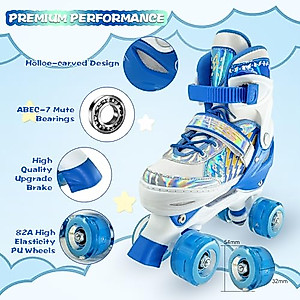 whicow Roller Skates for Boys Girls, 4 Sizes Adjustable Quad Skates for Kids with All Light up Wheels, Full Protection for Toddler's Indoor and Outdoor Sports (Blue, Medium (3Y-6Y US))