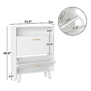 SINROM Shoe Cabinet for Entryway, Slim Shoe Storage Cabinet with 2 Flip Drawers, Freestanding Shoe Organizer with Open Shelf for Hallway, White