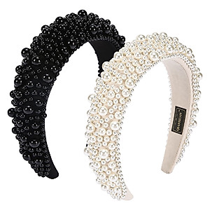 QIANXUAN Fashion Headbands For Women's Hair White Pearl Headbands For Girls Black Padded Headband Rhinestones Beading Pearls Hair Accessories Design Elegant Wide Hairbands