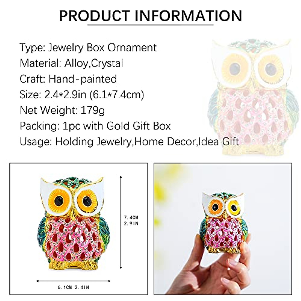 YU FENG 2.9inch Hollow Owl Trinket Box Hinged Hand-painted Enamel Jewelry Organizer with Crystals Ring Earrings Storage Novelty Animal Figurine Collectible