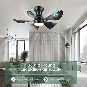 Kviflon Ceiling Fans with Lights and Remote/APP Control, 30 inch Low Profile Ceiling Fans with 5 Reversible Blades 3 Colors Dimmable 6 Speeds Ceiling Fan for Bedroom Kids Room Dining Room, Black