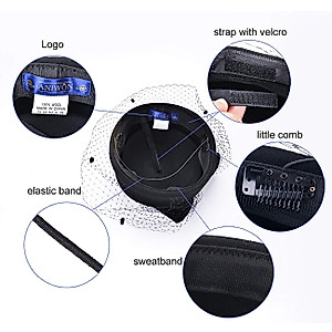 Aniwon Pillbox Hat, Wedding Hat Caps with Veil Vintage Bow Fascinator Hats Caps for Women A Black