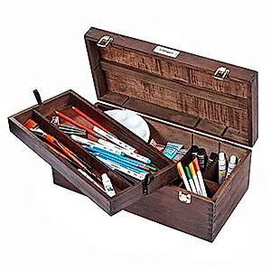 KINGART Artist Wood Pastel, Pen, Marker Portable Storage Box Organizer with Drawer, Tool Box Espresso Finish