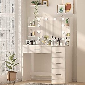 Irontar Vanity Desk, Makeup Vanity with 10 LED Lights & 4 Drawers, Brightness Adjustable, Dressing Table Desk with 6 Shelves, Bedroom Vanity Table for Girls, Women, White WDT003W