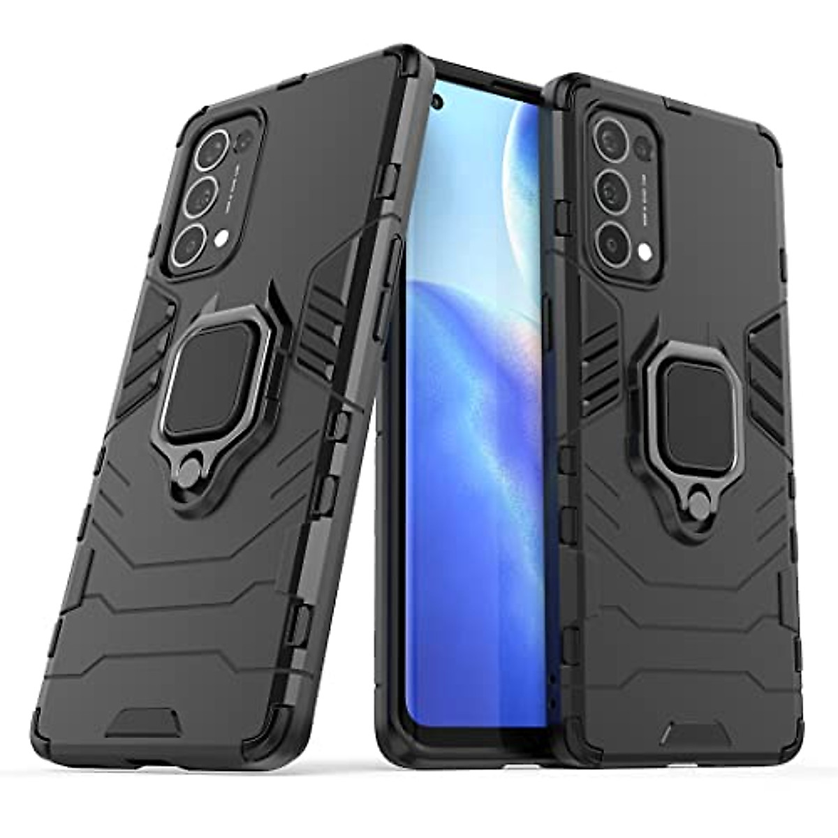Compatible with Oppo Reno 5 Pro 5G Case, Metal Ring Grip Kickstand Shockproof Hard Bumper (Works with Magnetic Car Mount) Dual Layer Rugged Cover (Black)