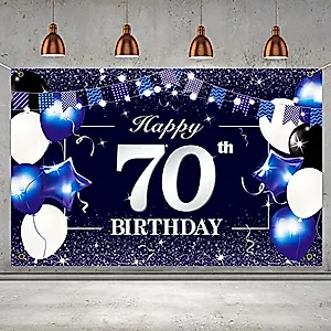 P.G Collin Happy 70th Birthday Banner Backdrop Sign Background 70 Birthday Party Decorations Supplies for Him Men 6 x 4ft Blue Purple