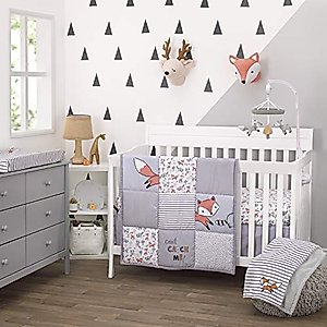 Little Love by NoJo Lil Fox - Grey, Orange, White 3 Piece Nursery Crib Bedding Set with Comforter, Fitted Crib Sheet, Dust Ruffle
