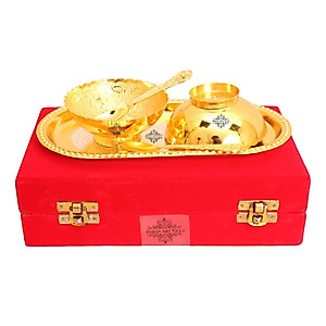 Indian Art Villa Silver Plated Gold Polished Bowl Set with Spoon Tray, Diwali Gift Item
