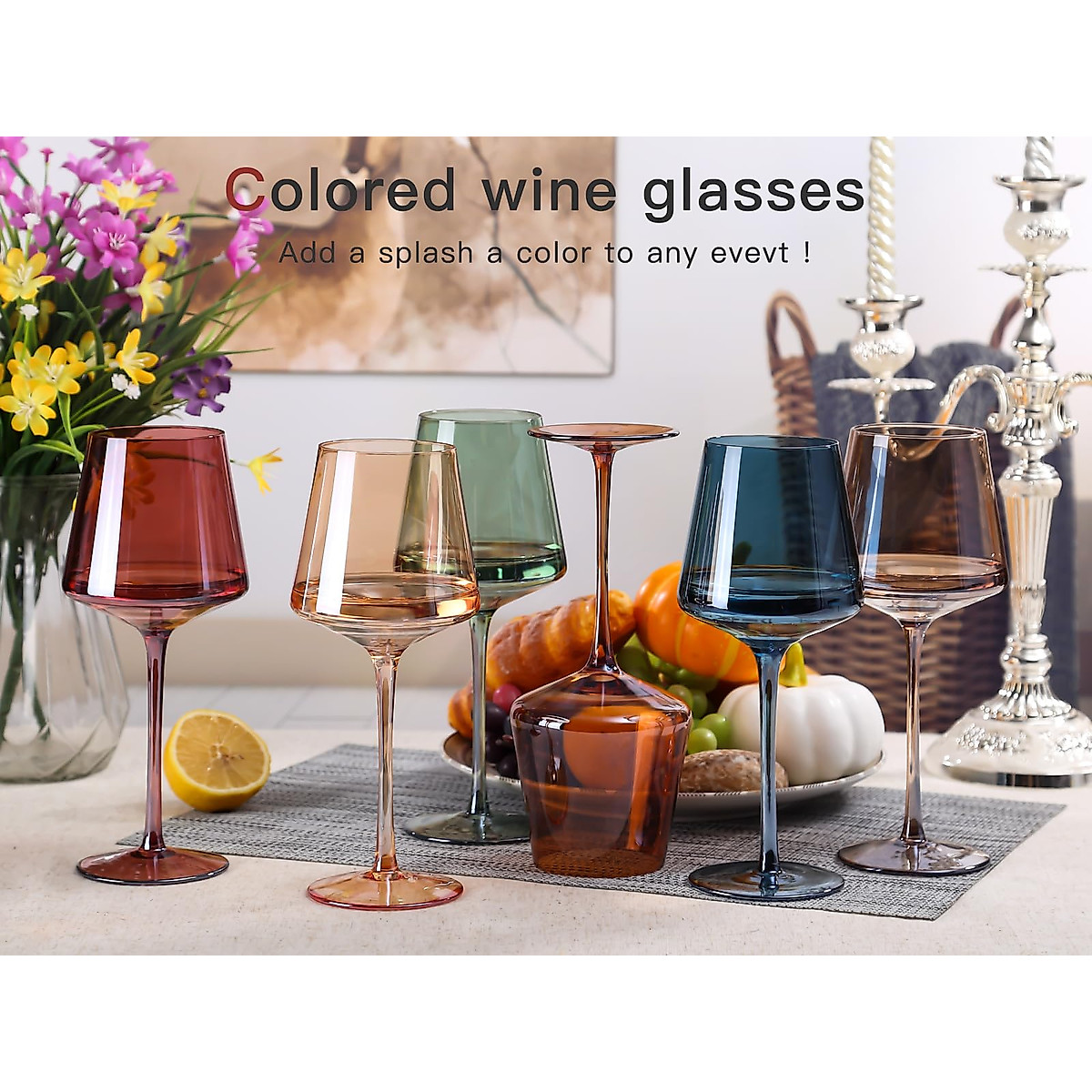 Colored Wine Glasses Set of 6-18oz Multi Colored Square Wine Glasses with Tall Long Stems and Flat Bottom,Crystal Colorful Wine Glasses-Unique Gifts for Wine Lovers,Wedding,Engagement Gifts