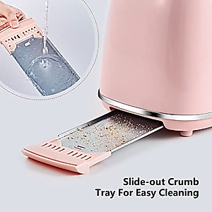 REDMOND 2 Slice Toaster Retro Stainless Steel Toaster with Bagel, Cancel, Defrost Function and 6 Bread Shade Settings Bread Toaster, Extra Wide Slot and Removable Crumb Tray, Pink, ST028