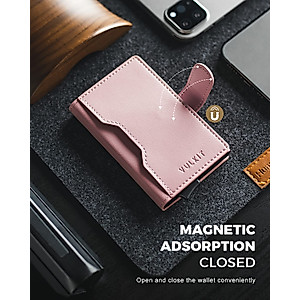 VULKIT Pop up Wallet Credit Card Holder with Leather Slots RFID Blocking Slim Metal Card Case for Men or Women(Rose)