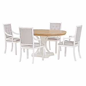POCIYIHOME 5-Piece Set, Wood Table with Two-Size Round to Oval Extendable Butterfly Leaf, 4 Upholstered Dining Chairs with Armrest for 4 (Natural Oak+ Antique White)