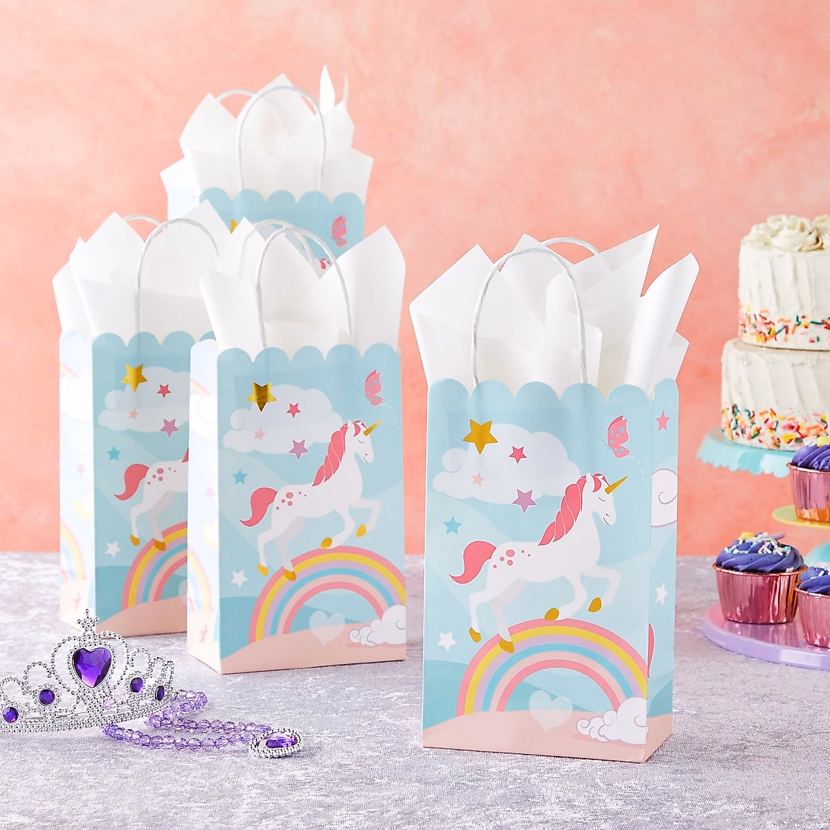 BLUE PANDA 24 Pack Small Unicorn Favor Bags with Handles, Pastel Rainbow Birthday Party Decorations (5.5 x 8.6 x 3 In)