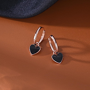 SLUYNZ 925 Sterling Silver Black Heart Hoop Earrings for Women 1.4CM Heart Hoop Dangle Earrings (C-Rose Gold)