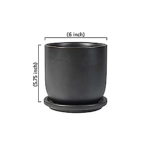 Serene Spaces Living Large Classy Matte Black Ceramic Pot with Drainage Holes and Saucer for Plants and Flowers, Decorative Outdoor/Indoor Planters, Measures 6" Diameter & 5.75" Tall