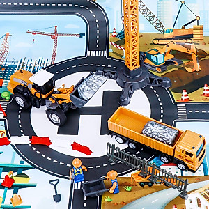Meland Construction Vehicle Truck Toy Set - 64PCS Kids Engineering Truck Playset with Mat, Crane, Cement, Fuel Truck,Wheel Loader with 3 Interchangeable Parts,Birthday for Boys Toddlers
