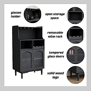 Loscear Wine Liquor Cabinet Bar for Home with Removable Wine Rack and Storage, Dark Grey Wood Coffee Bar Cabinets for Home with Solid Wood Legs and Tempered Glass Doors, 27.56”×15.75”×50.39”