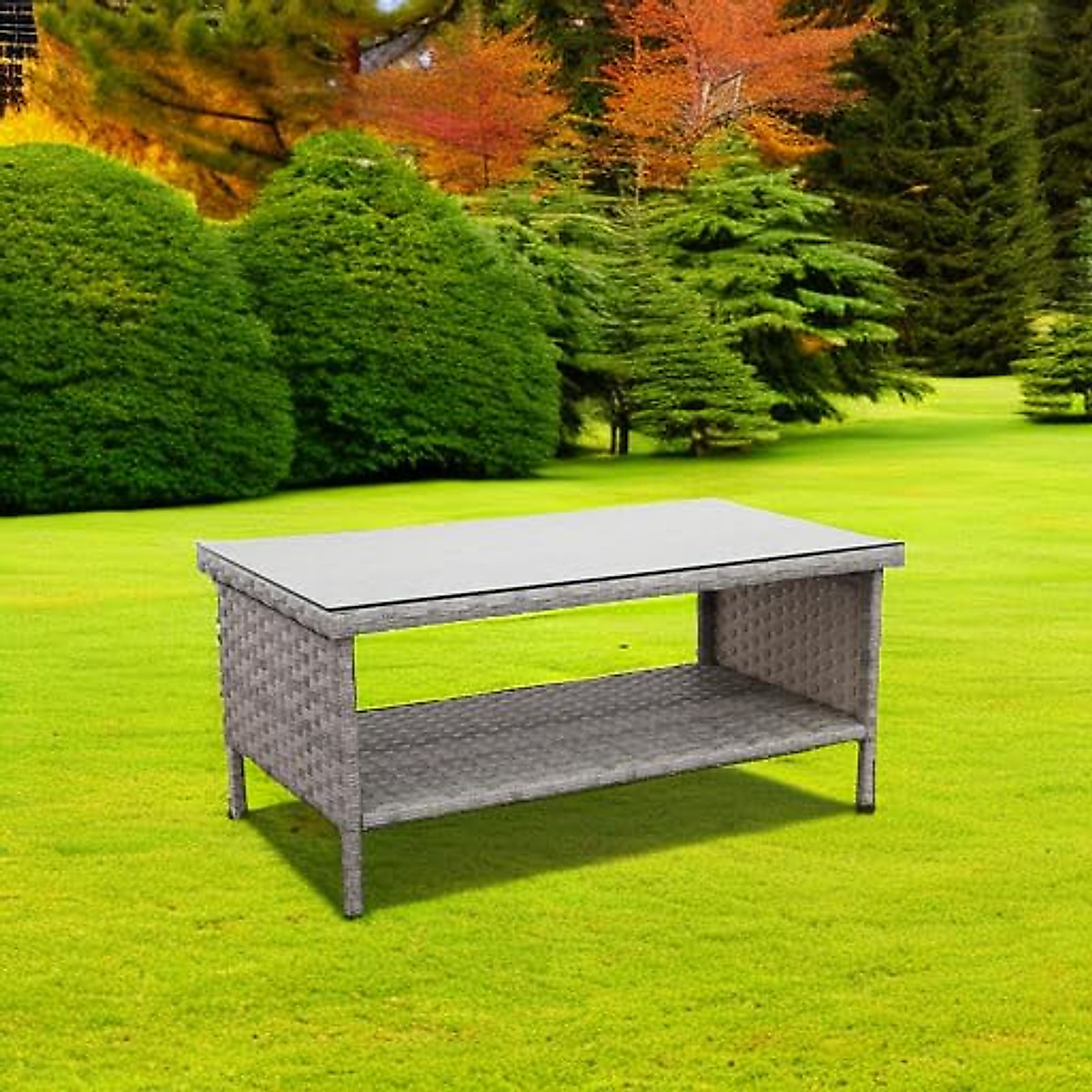 WAROOM Outdoor PE Wicker Coffee Table - Patio Rattan Garden Side End Tea Table with Glass Top Furniture, Grey