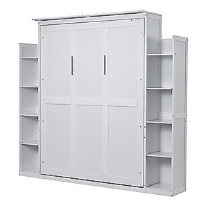 Merax Queen Size Murphy Bed, Queen Wall Bed Frame with Shelves and LED Lights, White