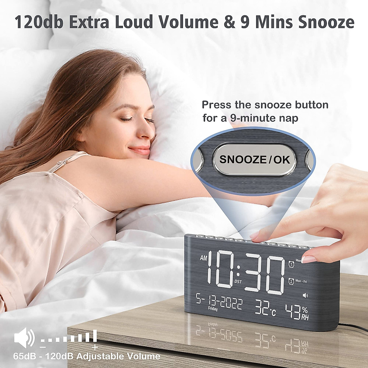 Digital Wooden Alarm Clock with Dual Alarm,Weekday/Weekend Mode,Adjustable Volume,Humidity & Temperature Detect,2-100% Dimmer,12/24H,Snooze,2 USB Chargers,Battery Backup, Loud Alarm Clock for Bedroom
