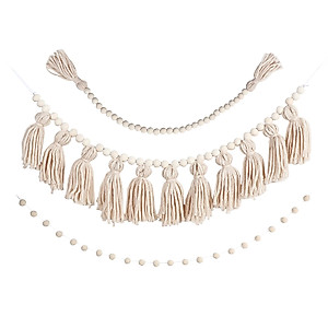 3 Pieces Boho Tassel Garland with Wooden Beads, Farmhouse Beads Garland with Tassels, Pom Pom Garlands for Boho Home Modern Farmhouse Rustic Home Mantle Decor (Classic Color)