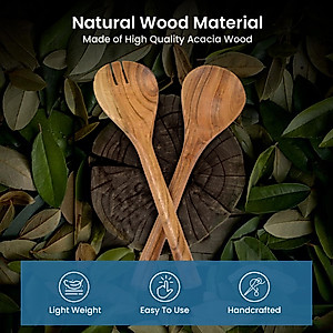 The Fine Living Co. Acacia Salad Servers, 11 Inches Wooden Spoon, Handcrafted Kitchen Utensils for Mixing, Tossing, Cooking (2-Piece Set, Natural)
