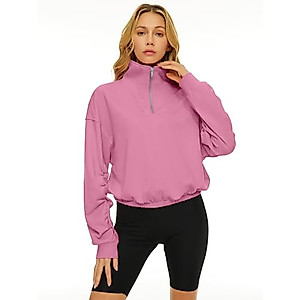 Trendy Queen Half Zip Pullover Womens Sweatshirts Cropped Hoodies Quarter Zip Long Sleeve Fall Outfits Fashion Clothes 2023 Pink