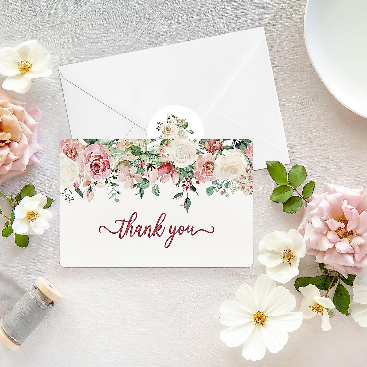 Artoid Mode 24 Pack Rose Flower Thank You Cards Wedding Greeting Cards Gift With Envelope Sticker Blank Note Cards for Birthday Wedding Baby Shower Bridal Shower, 4 x 6 Inch